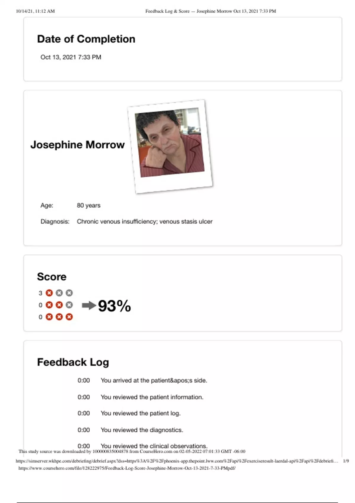 VSIM 3 Josephine Morrow Diagnosis Venous stasis ulcer Feedback Log ...