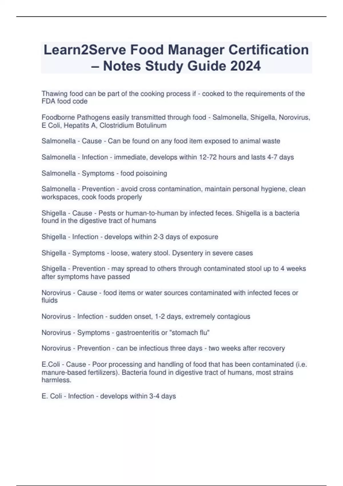 Learn2Serve Food Manager Certification Notes Study Guide 2024 Learn2Serve Food Manager Certification Notes Study Guide 2024