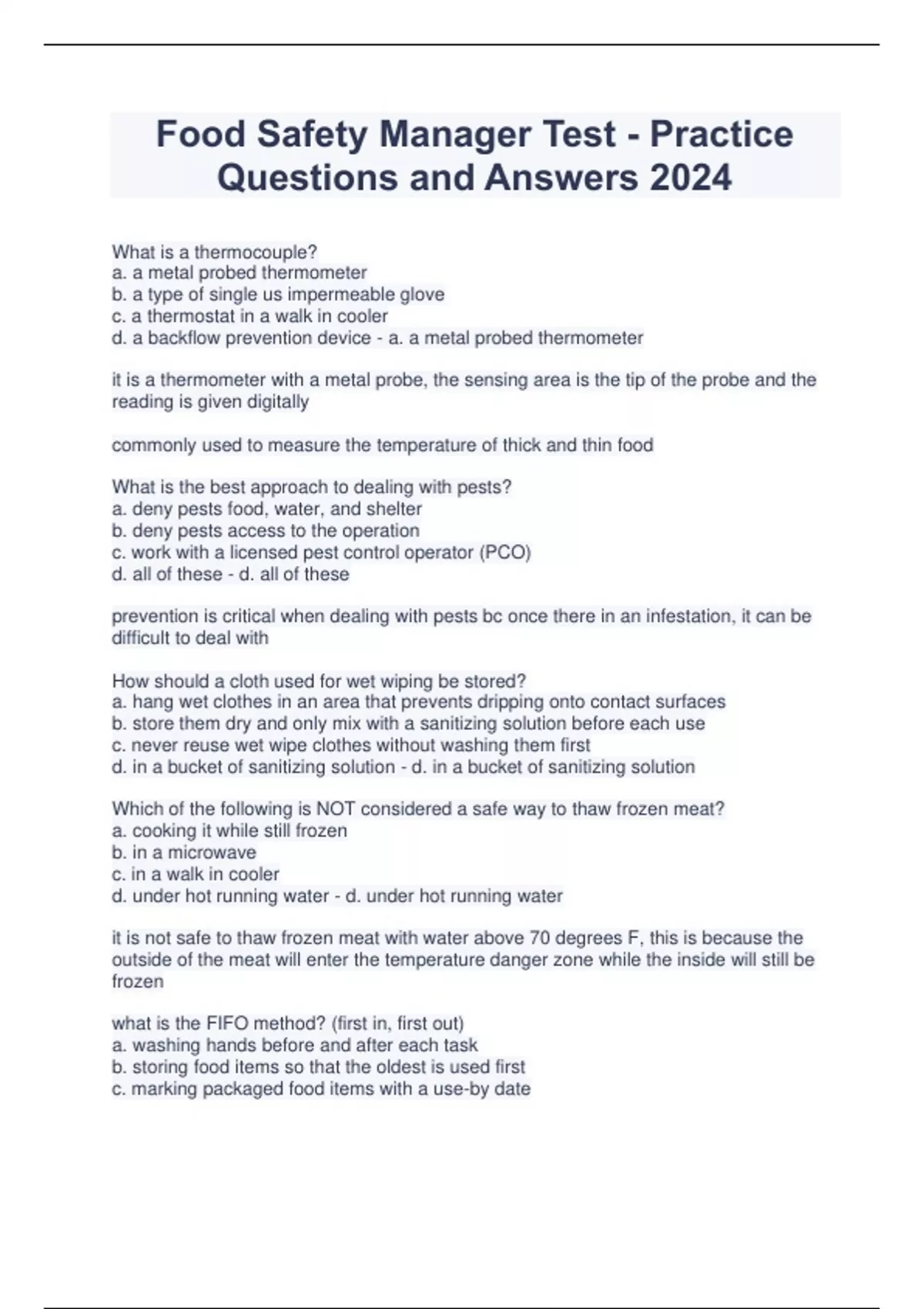 Food Safety Manager Test Practice Questions And Answers 2024 Food Food Safety Manager Test Practice Questions And Answers 2024 Food