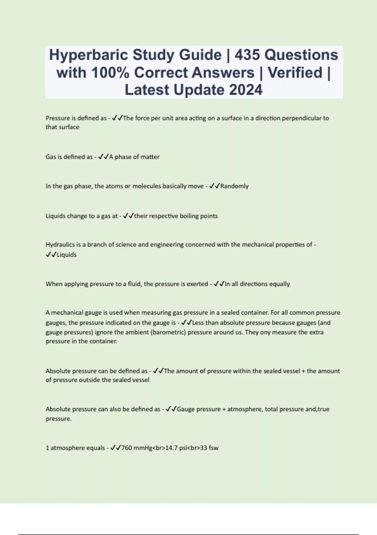 Hyperbaric Study Guide | 435 Questions with 100% Correct Answers ...