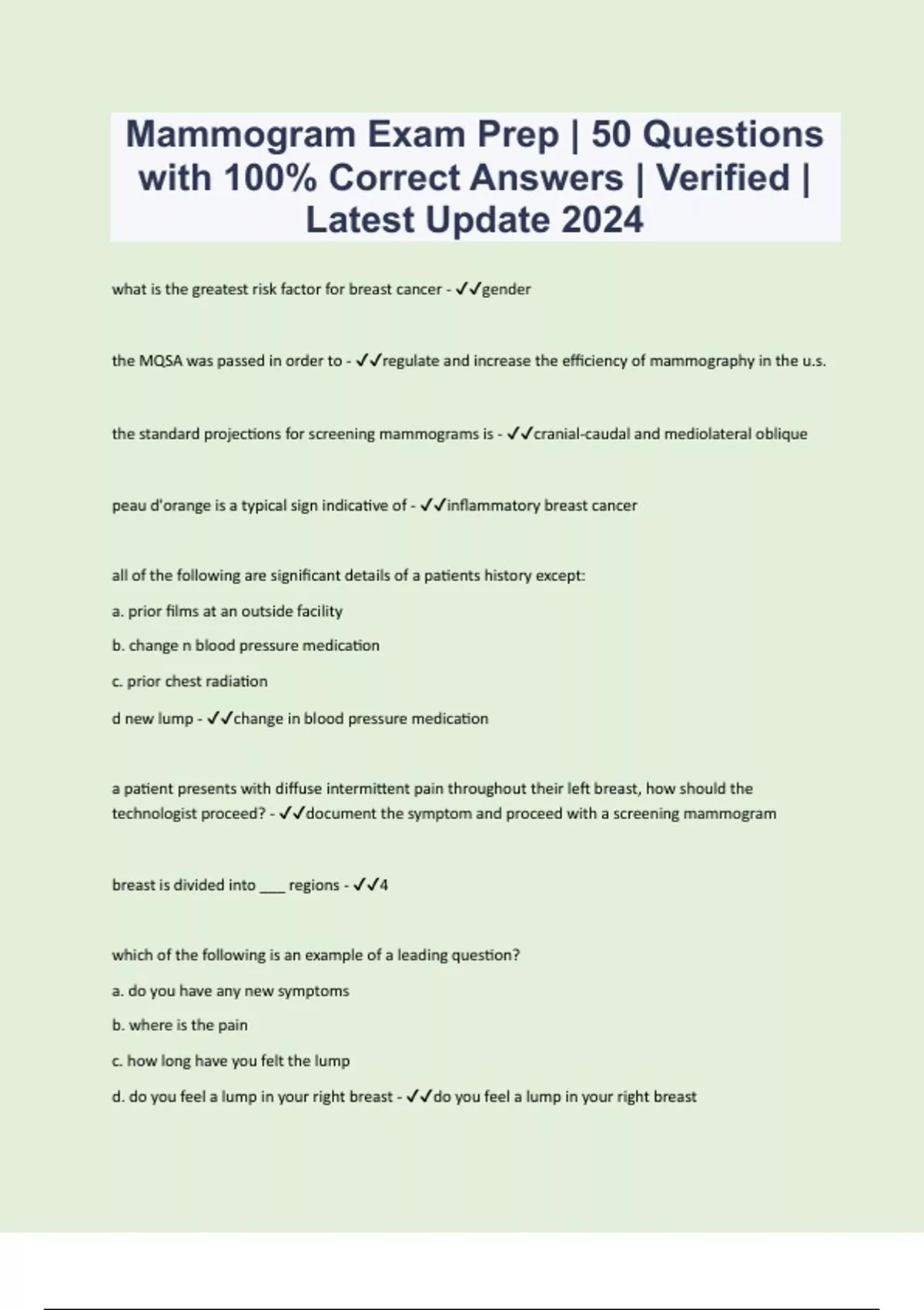 Mammogram Exam Prep | 50 Questions with 100% Correct Answers | Verified ...