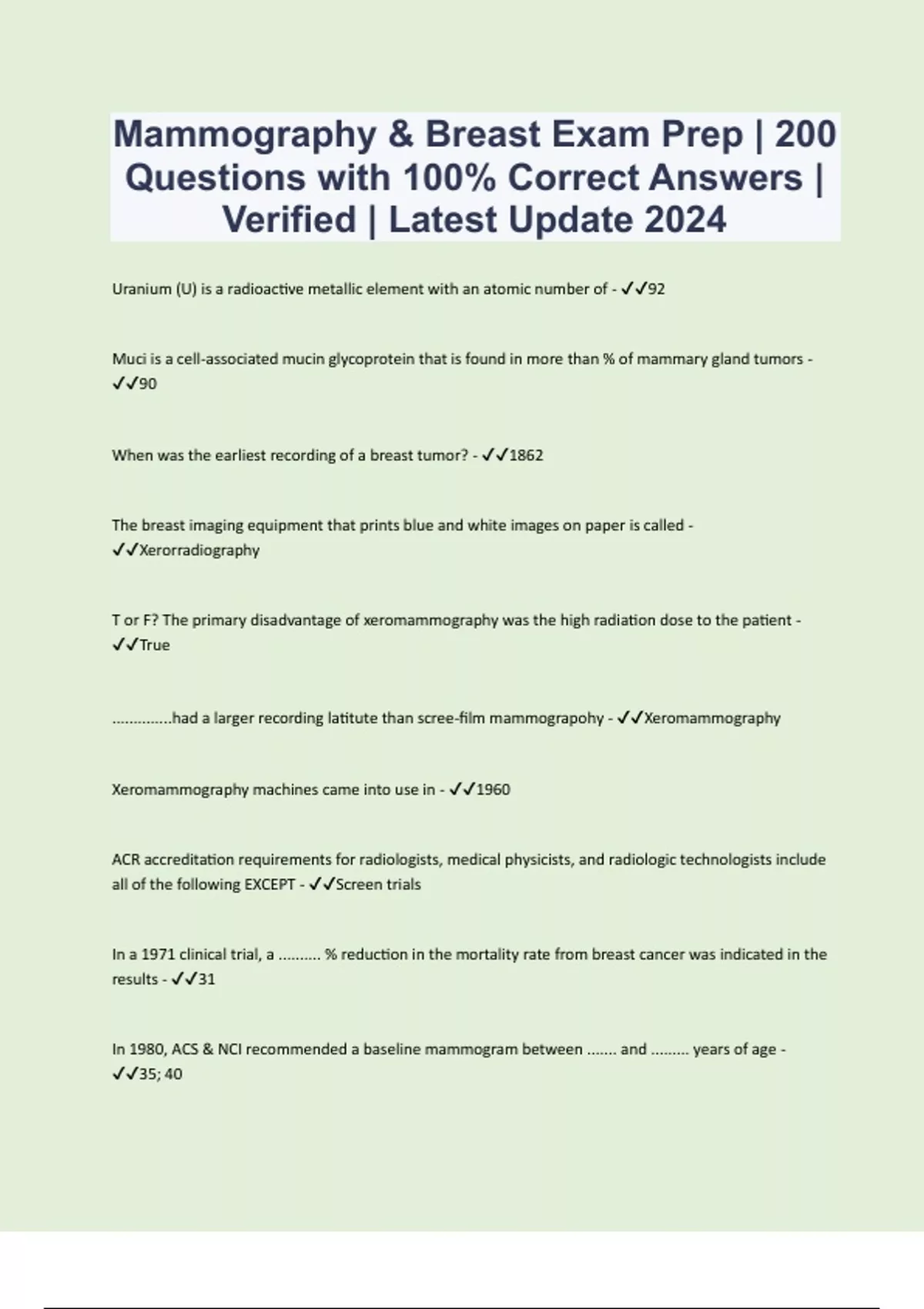 Mammography & Breast Exam Prep | 200 Questions with 100% Correct ...