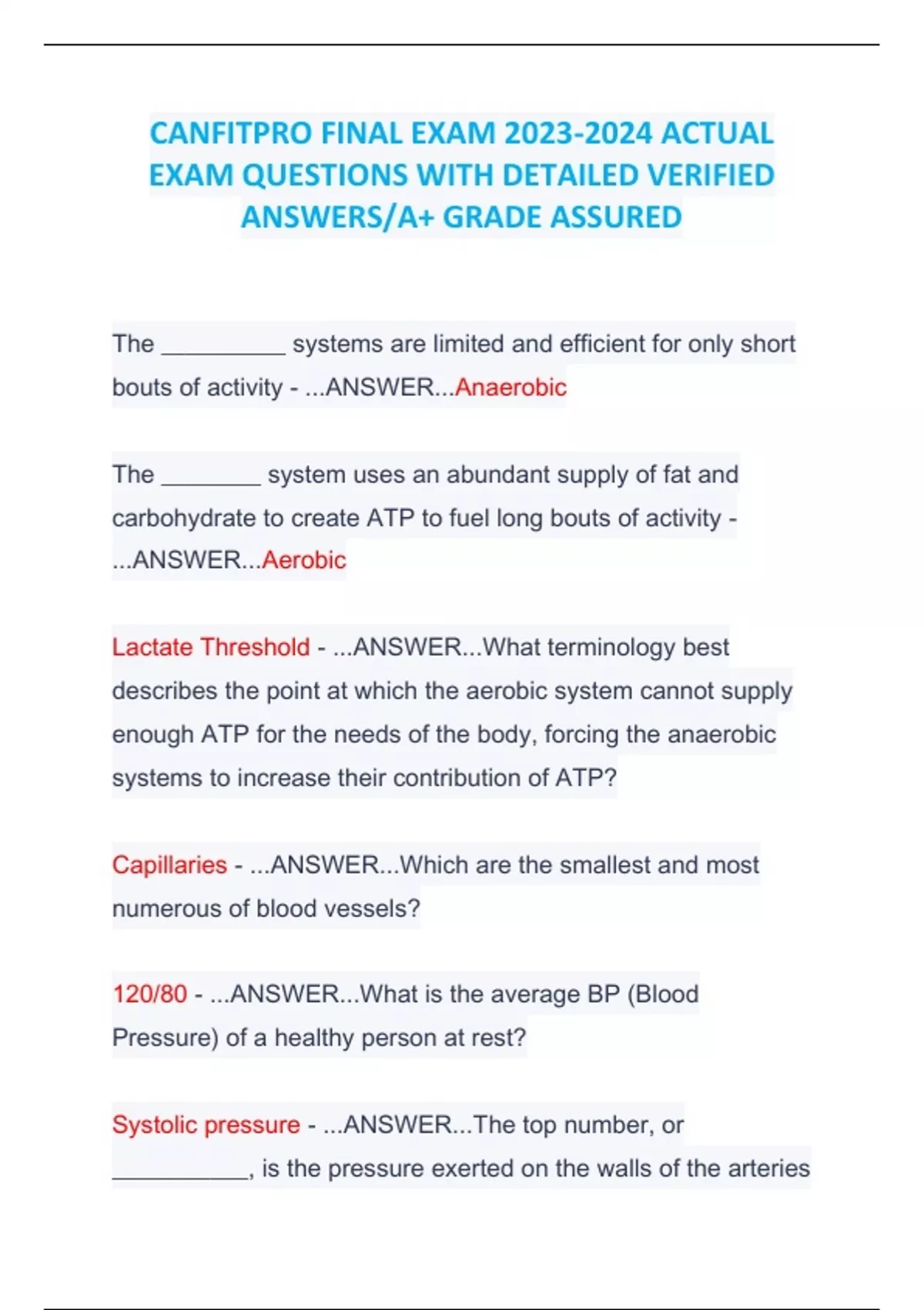 CANFITPRO FINAL EXAM ACTUAL EXAM QUESTIONS WITH DETAILED VERIFIED ANSWERS/A+ GRADE ASSURED ...