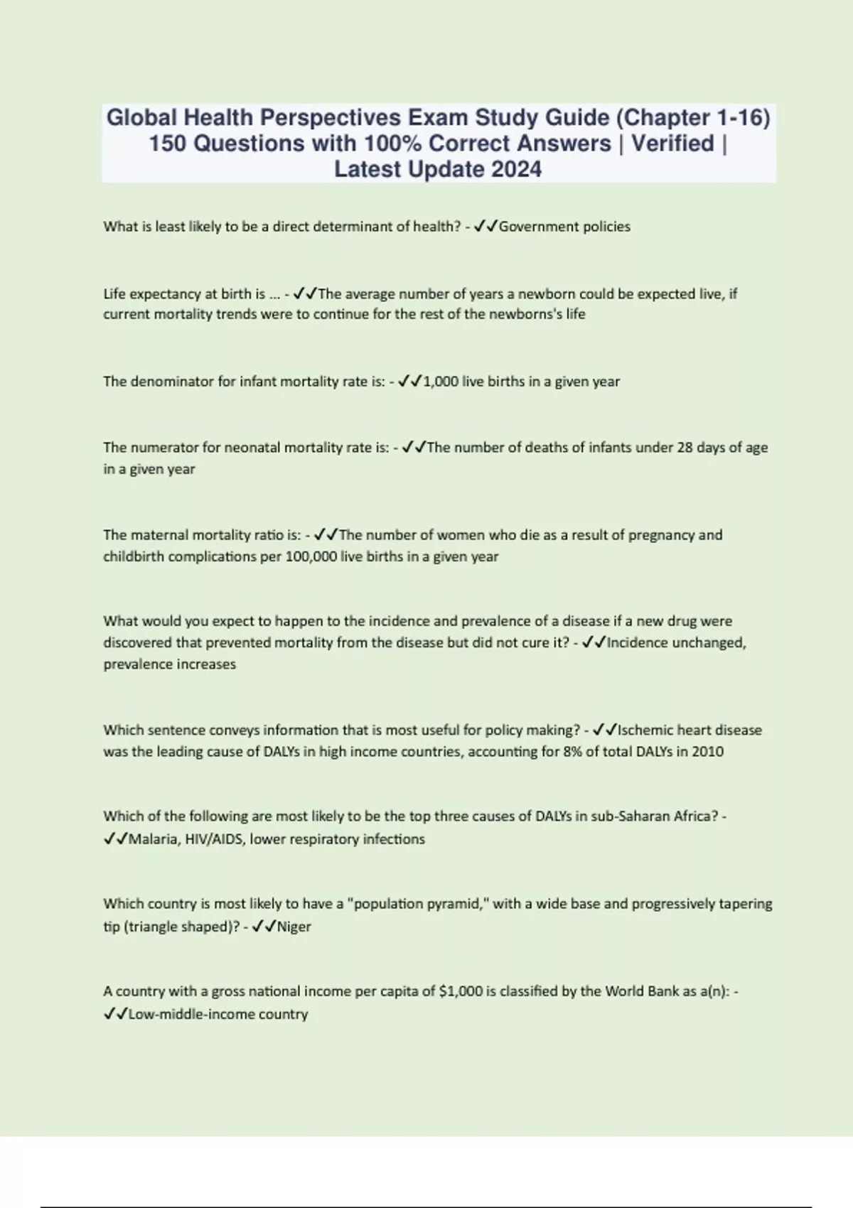 Global Health Perspectives Exam Study Guide (Chapter 1-16) 150 ...