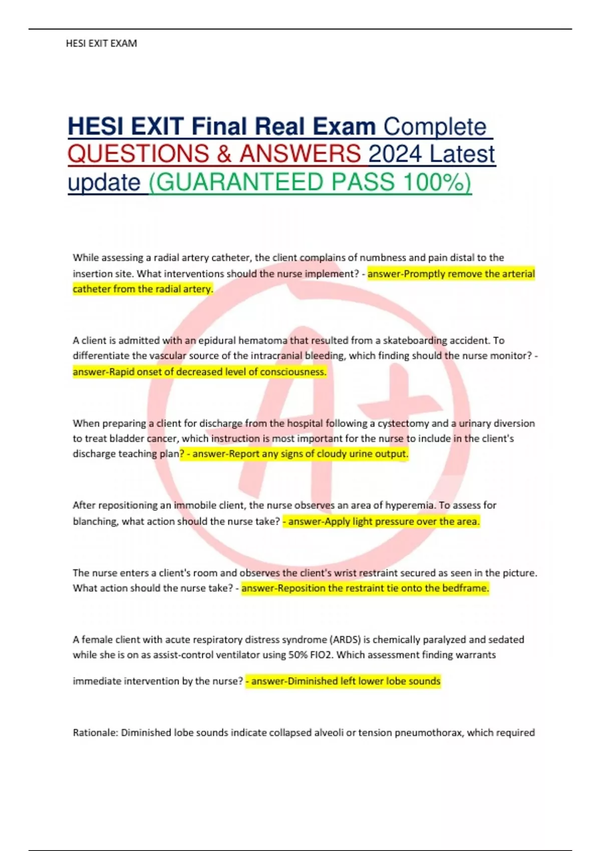 HESI EXIT Final Real Exam Complete QUESTIONS & ANSWERS 2024 Latest ...