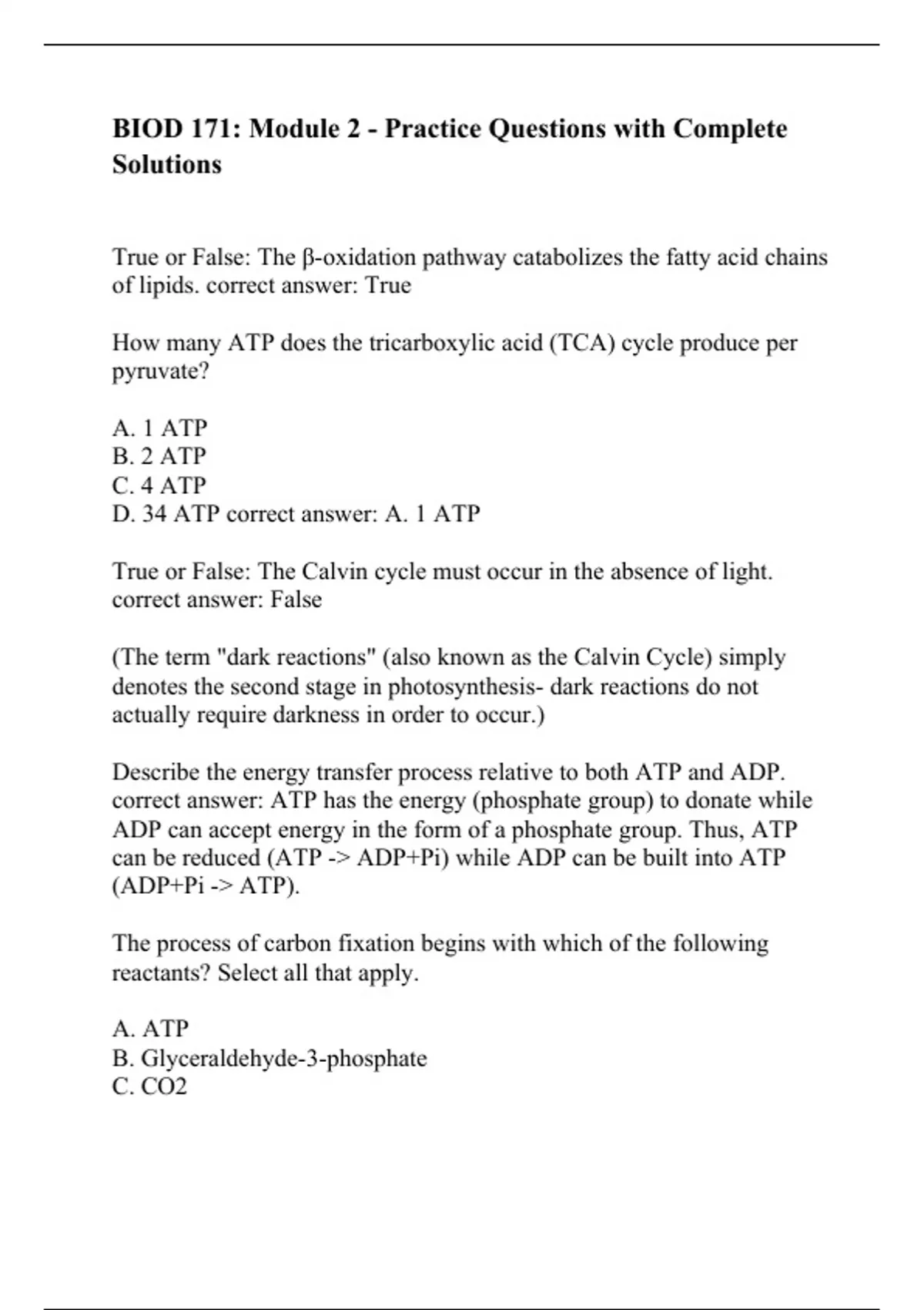 BIOD 171: Module 2 - Practice Questions with Complete Solutions - BIOD 171 - Stuvia US