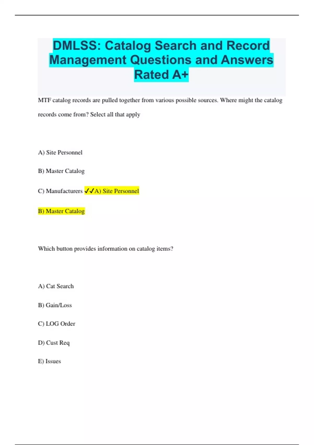DMLSS: Catalog Search and Record Management Questions and Answers Rated ...