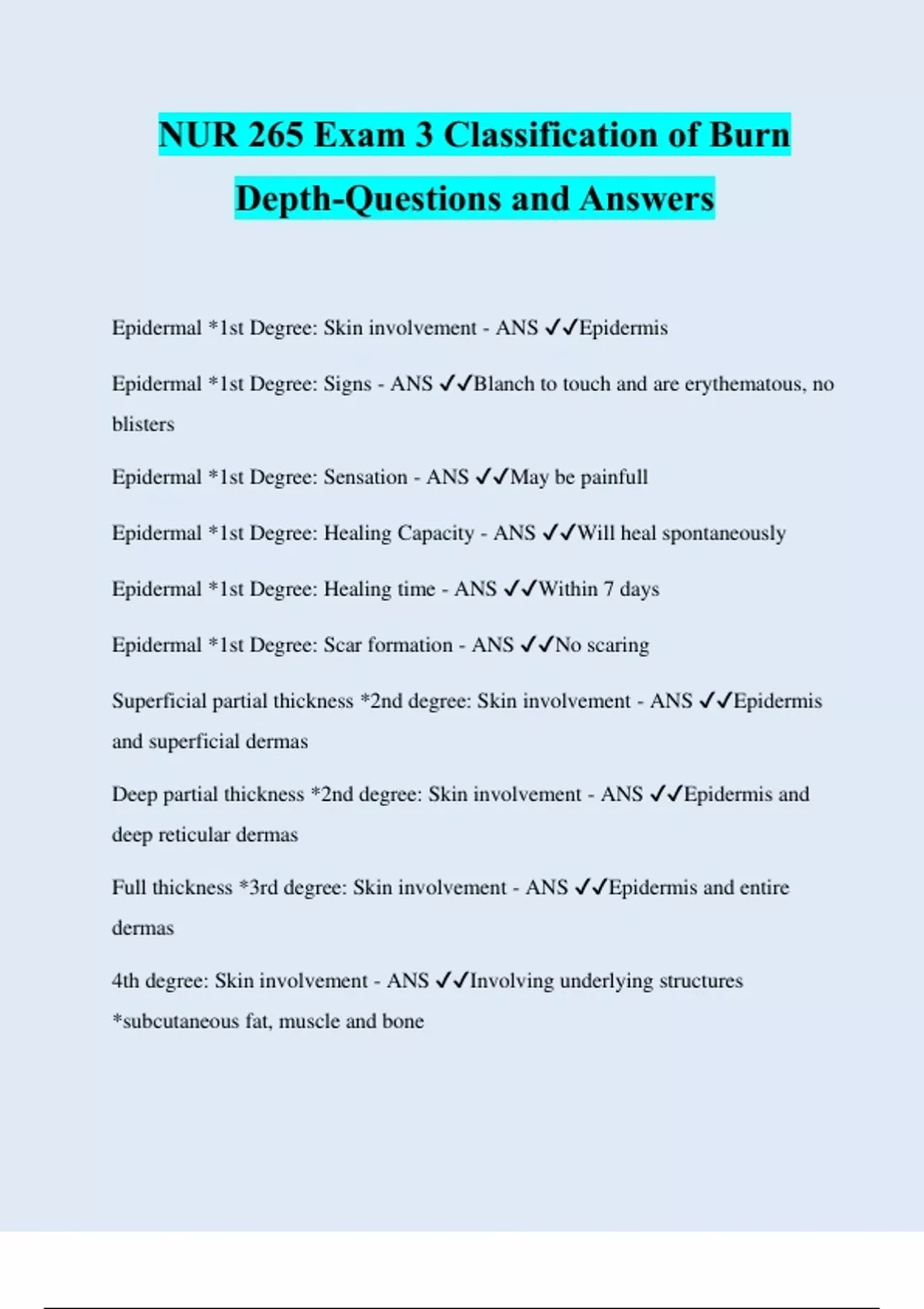 NUR 265 Exam 3 Classification of Burn Depth-Questions and Answers - NUR ...