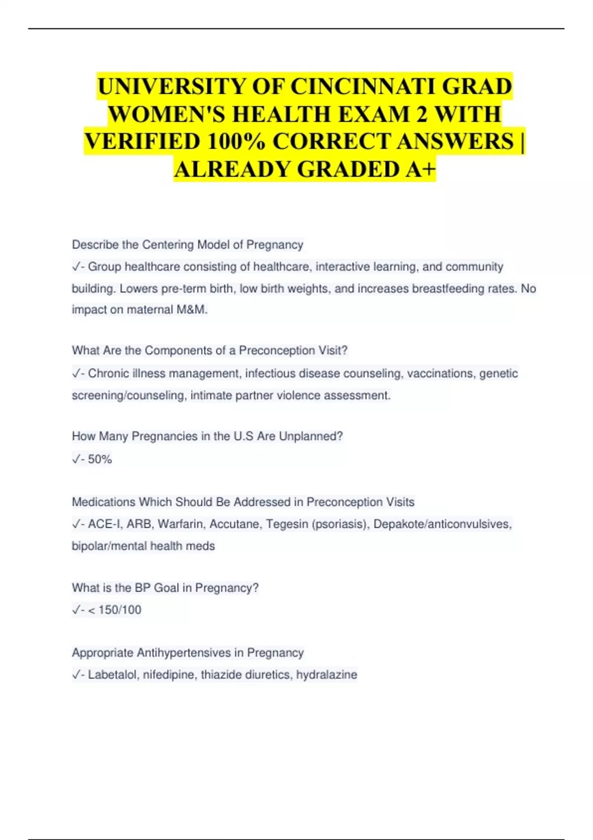 UNIVERSITY OF CINCINNATI GRAD WOMEN'S HEALTH EXAM 2 WITH VERIFIED 100% ...