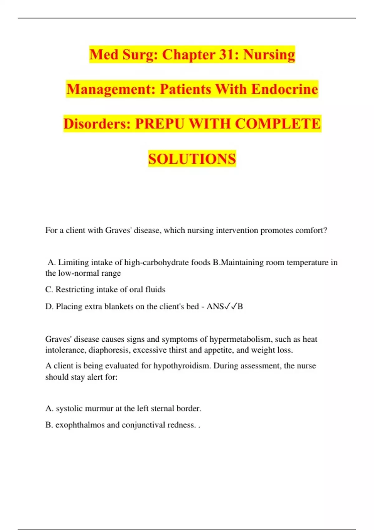 Med Surg: Chapter 31: Nursing Management: Patients With Endocrine ...