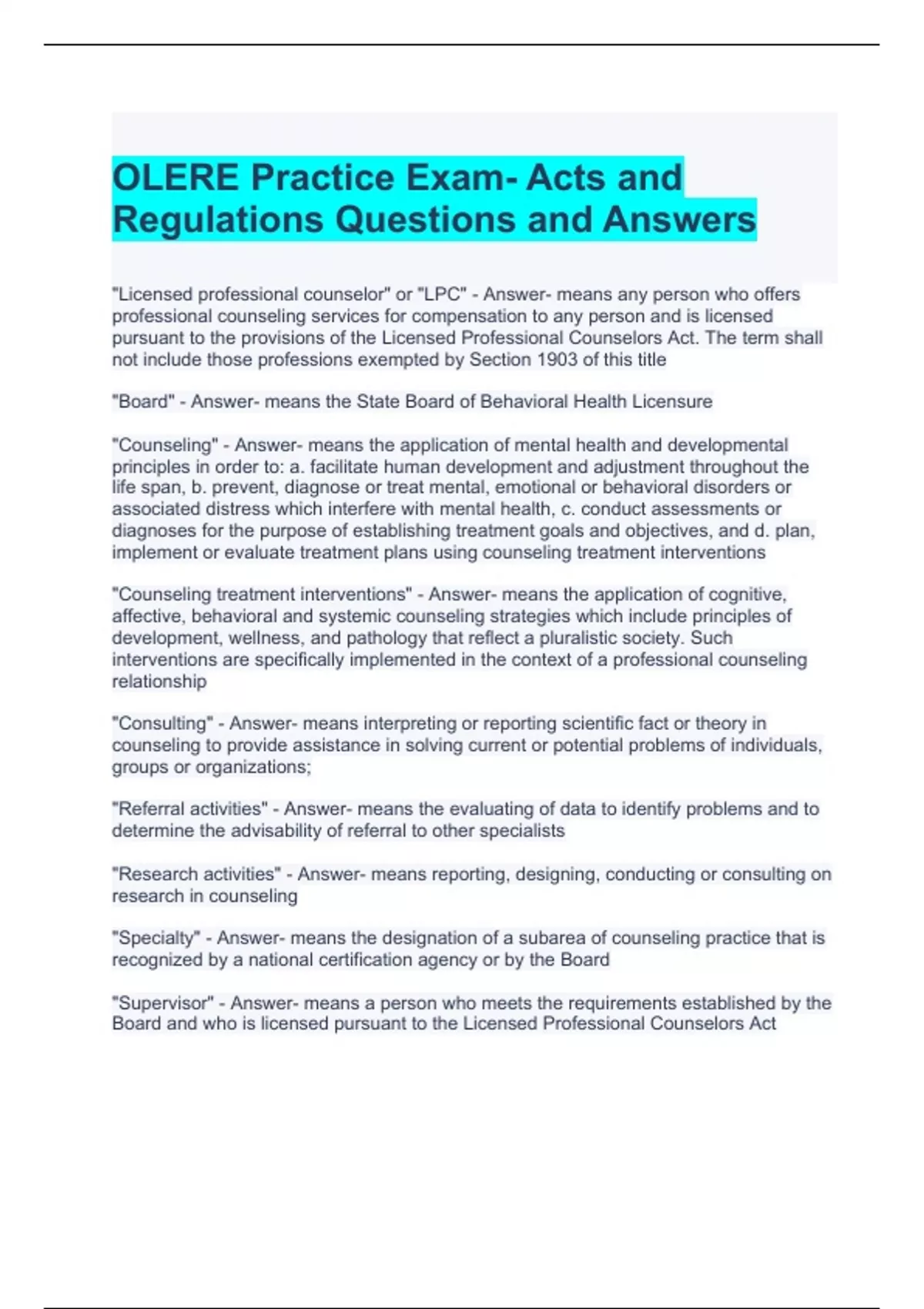 OLERE Practice Exam- Acts and Regulations Questions and Answers - OLERE ...