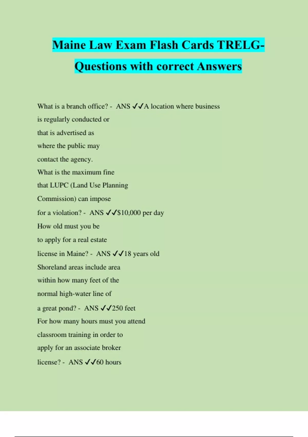 Maine Law Exam Flash Cards TRELG- Questions with correct Answers ...