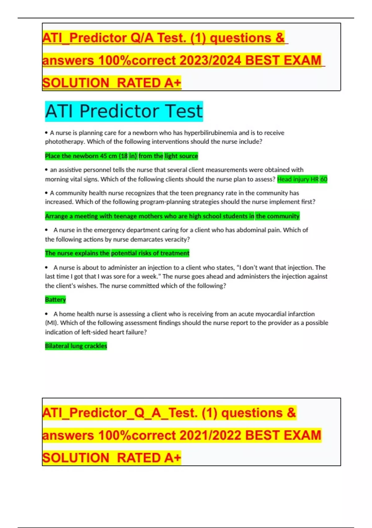 ATI_Predictor Q/A Test. (1) questions & answers 100%correct 2023/2024 ...