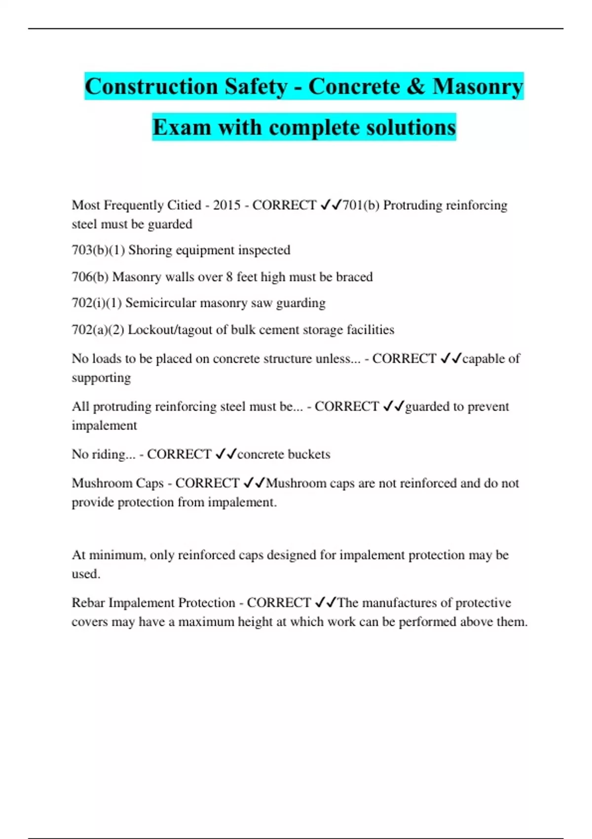 Construction Safety - Concrete & Masonry Exam with complete solutions ...