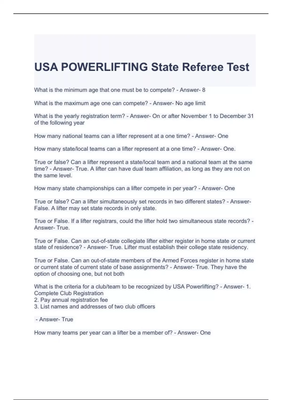 USA POWERLIFTING State Referee Test-Answered - USAPL - Stuvia US