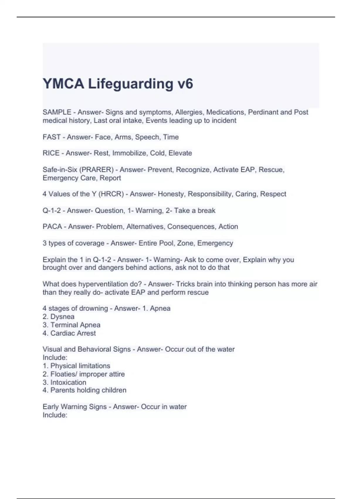 YMCA Lifeguarding v6 Exam Questions and Answers Graded A - YMCA ...