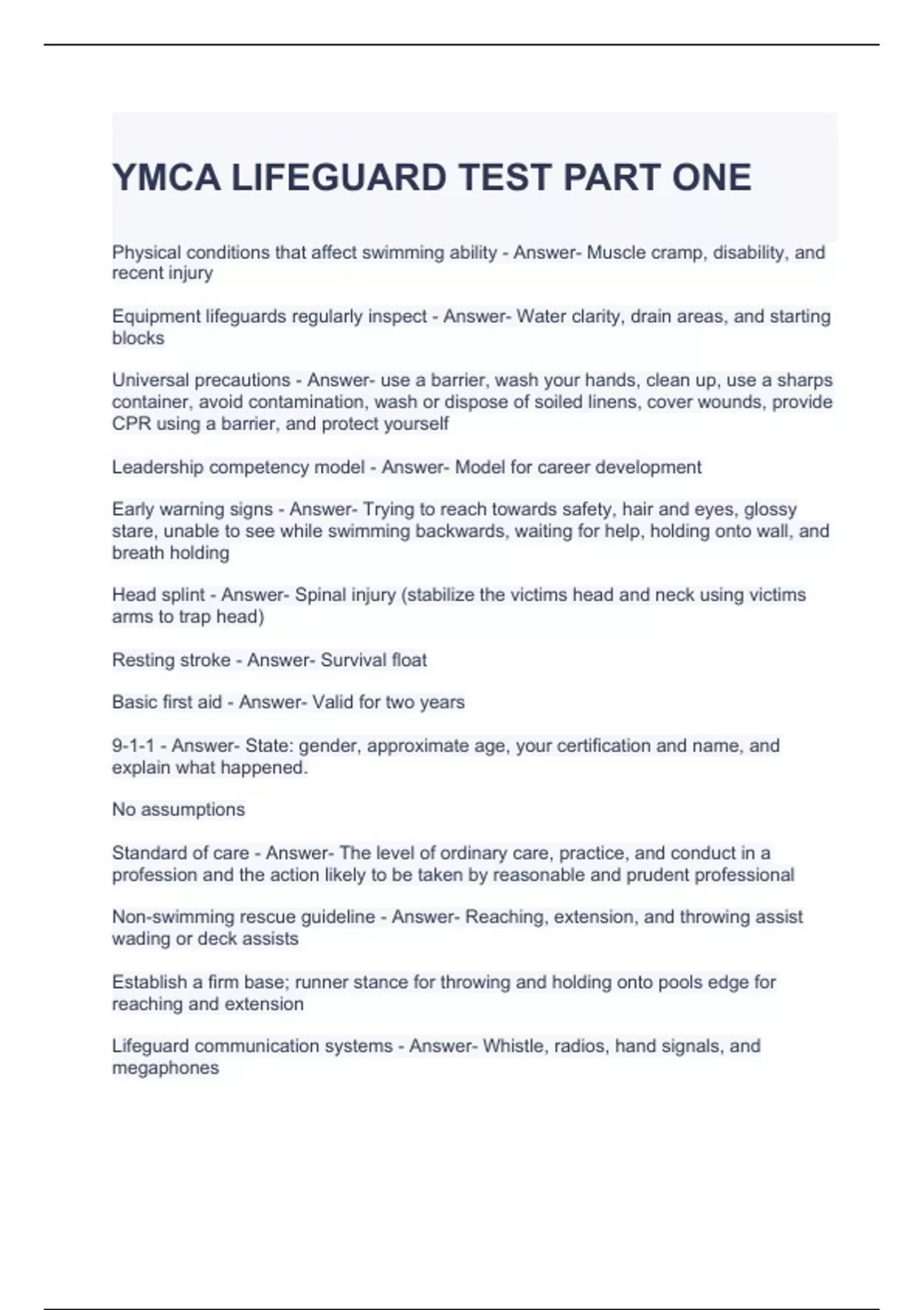 YMCA LIFEGUARD TEST PART ONE QUESTIONS WITH CORRECT ANSWERS - YMCA ...