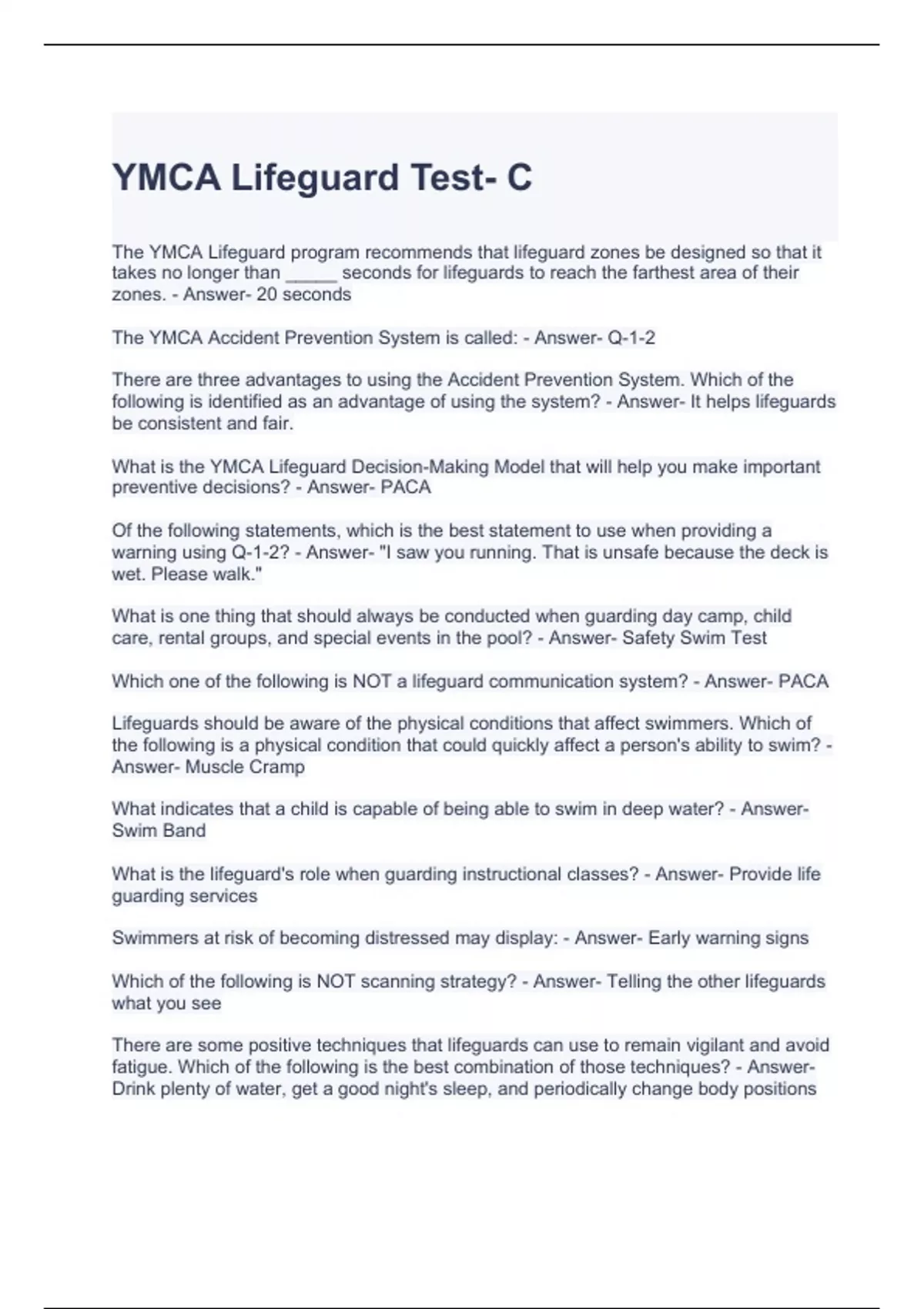 YMCA Lifeguard Test- C with complete solutions - YMCA Lifeguard - Stuvia US