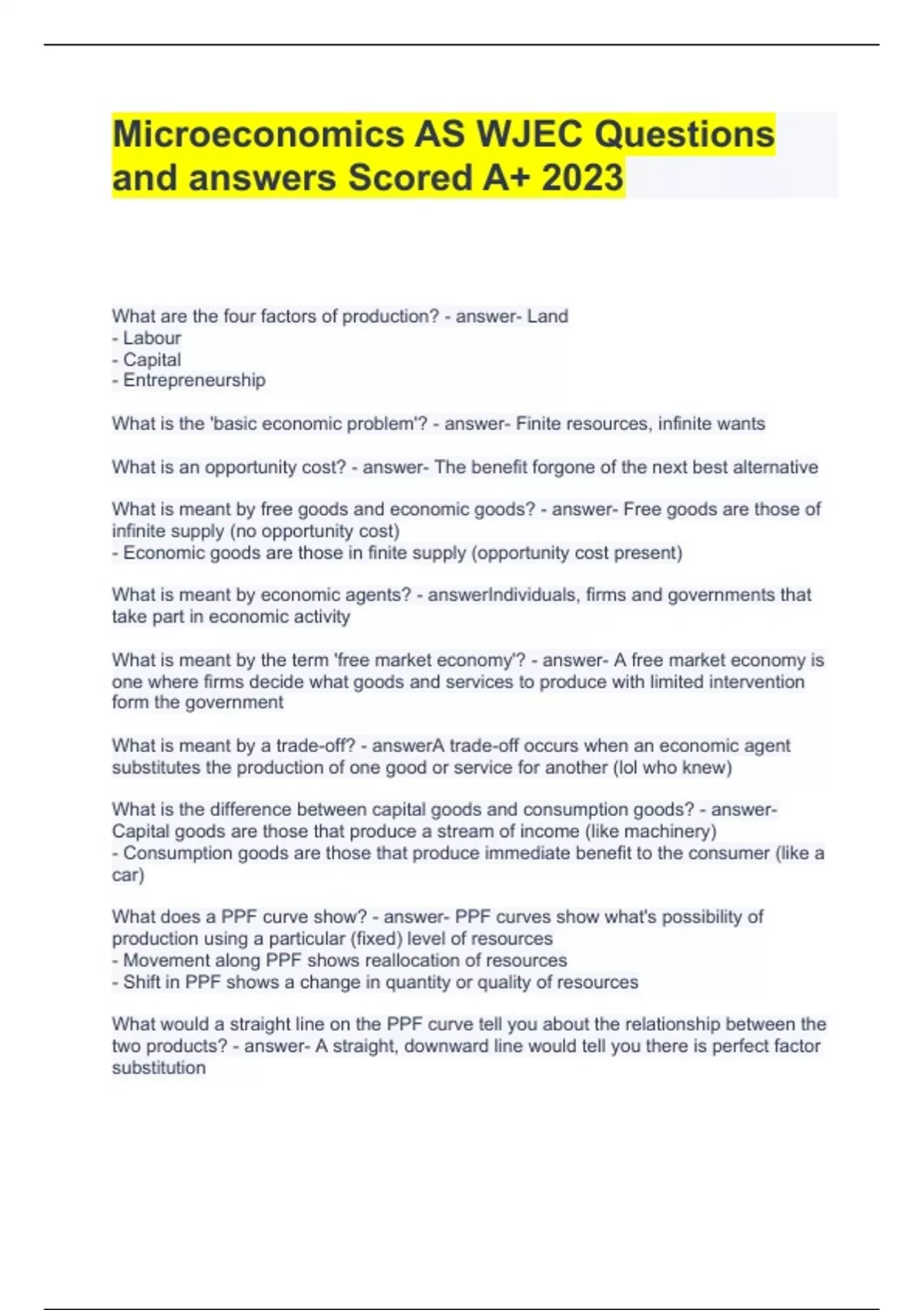 Microeconomics AS WJEC Questions and answers Scored A+ 2023 - WJEC ...