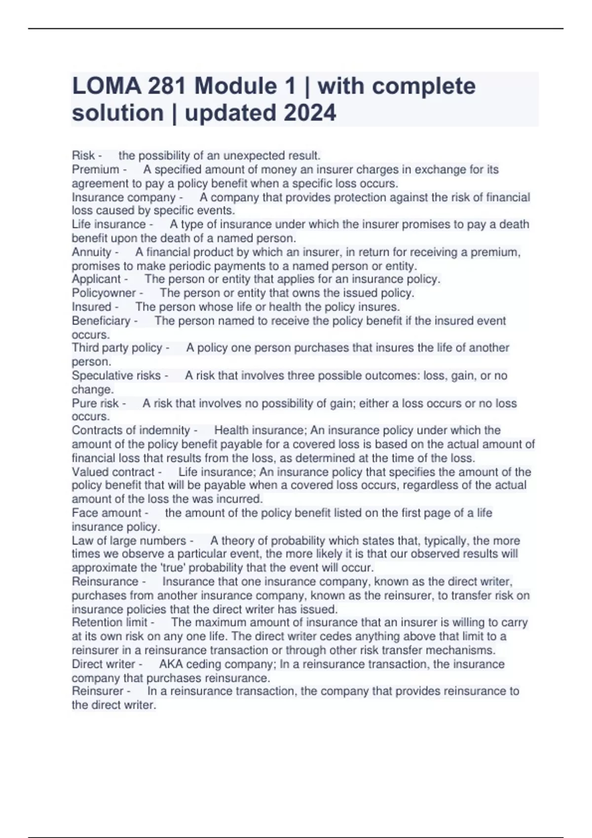 LOMA 281 Module 1 | with complete solution | updated 2024 - LOMA 281 ...