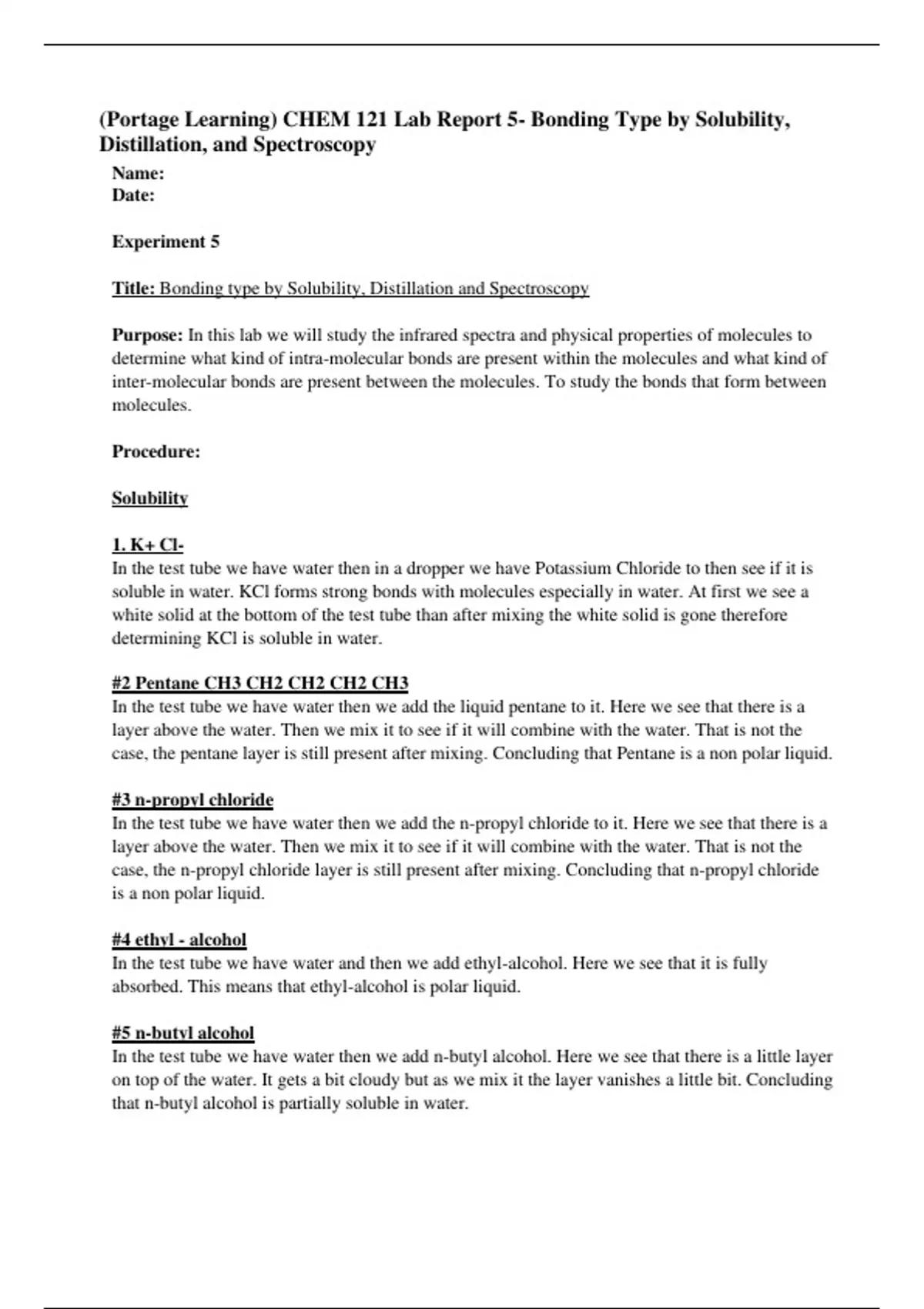 (Portage Learning) CHEM 121 Lab Report 5- Bonding Type by Solubility ...