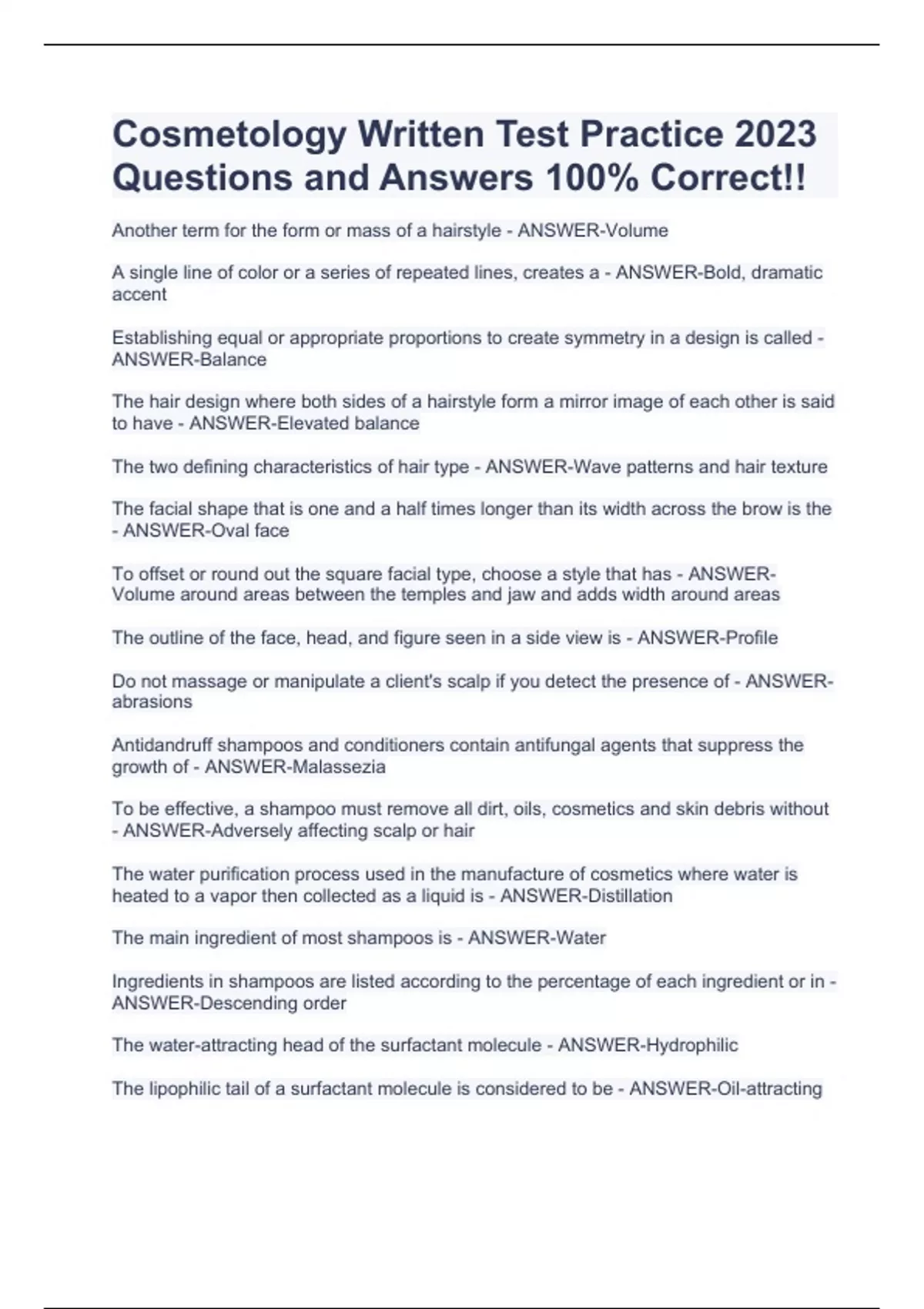 Cosmetology Written Test Practice 2023 Questions and Answers 100% ...