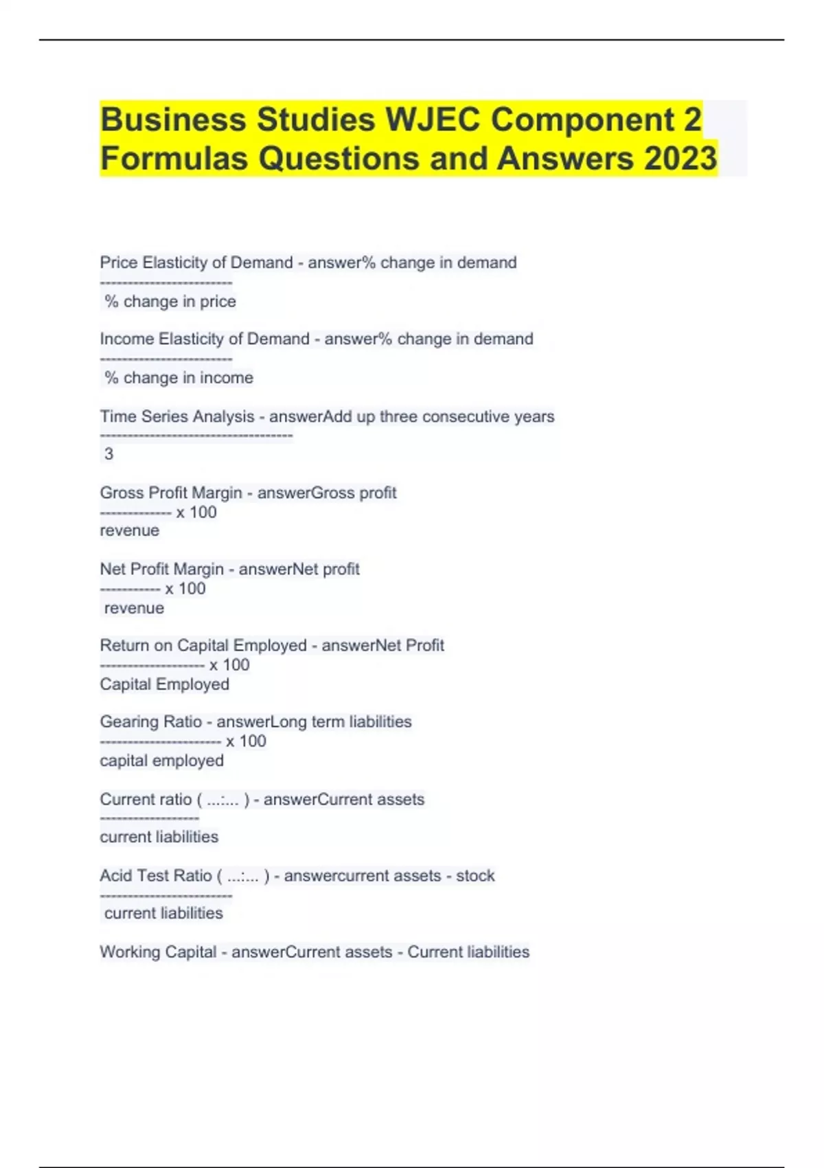 Business Studies WJEC Component 2 Formulas Questions and Answers 2023 - WJEC - Stuvia US