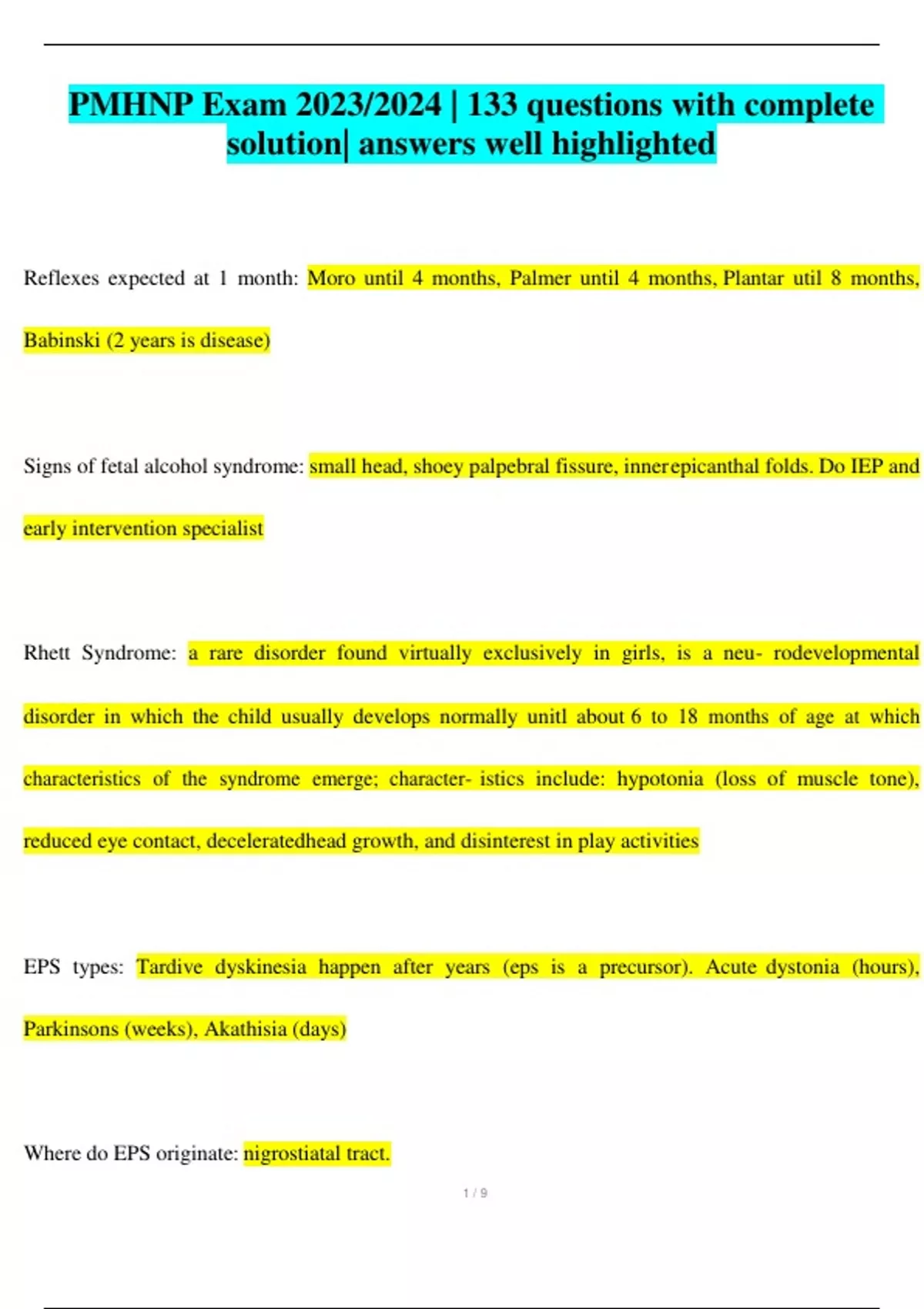 PMHNP Exam 2023/2024 | 133 questions with complete solution| answers well highlighted - PMHNP ...