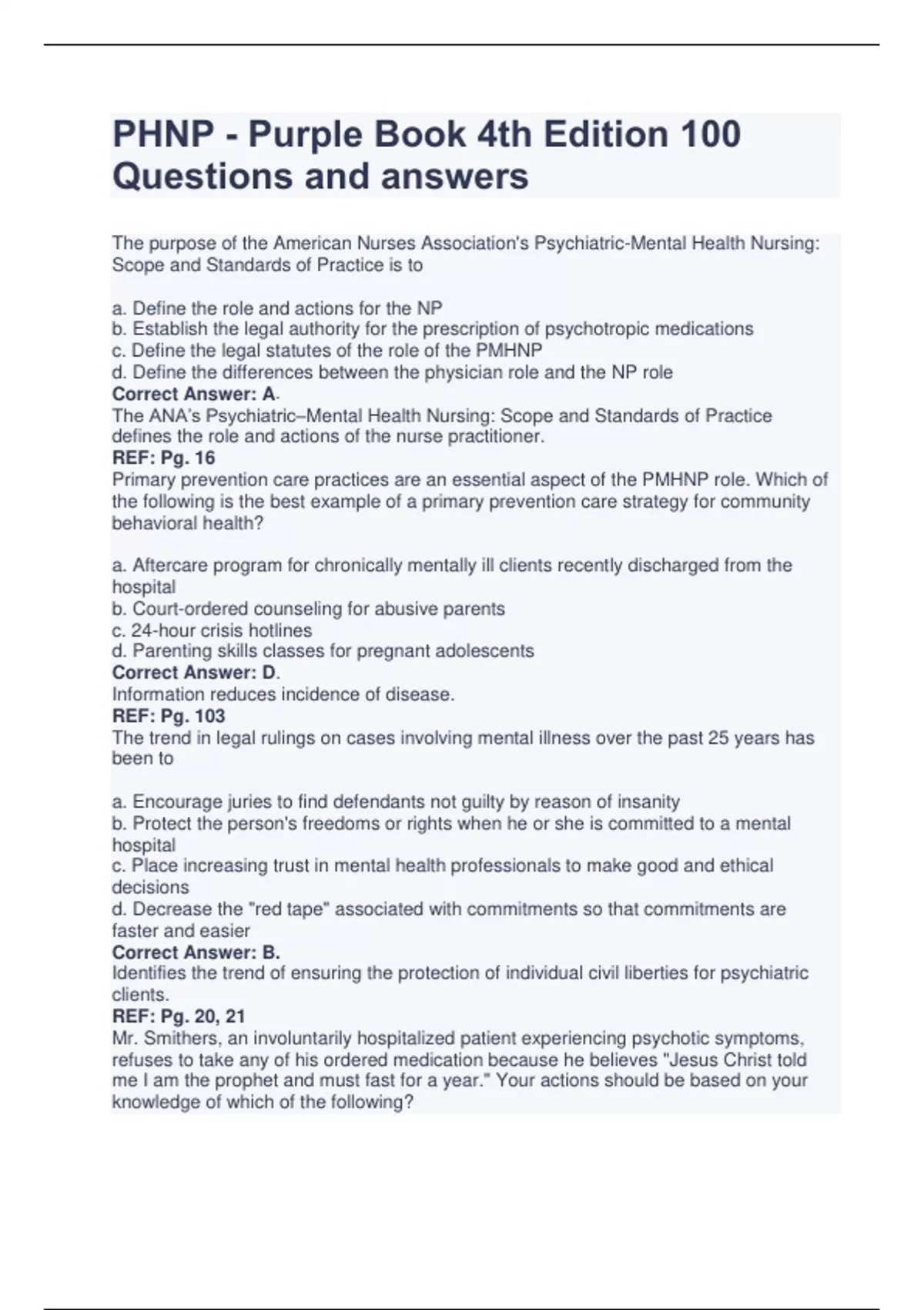 PHNP - Purple Book 4th Edition 100 Questions and answers - PHNP - Stuvia US