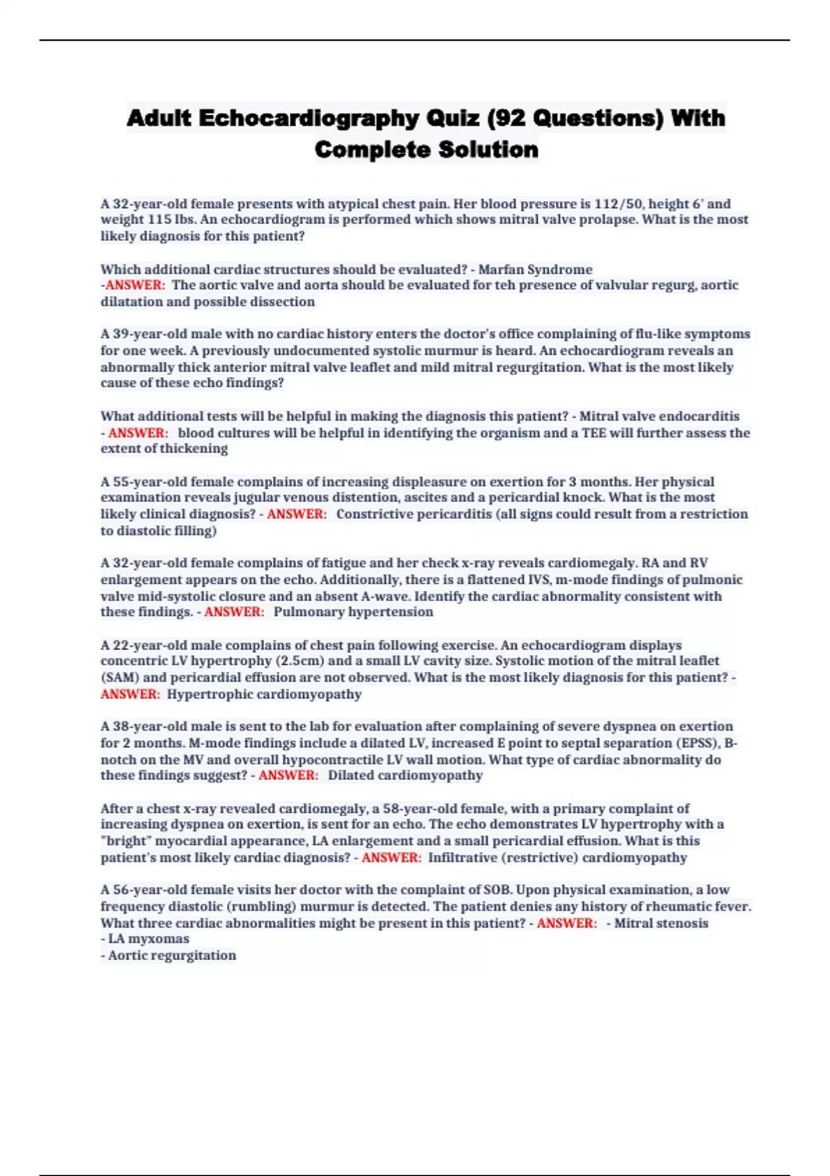 Adult Echocardiography Quiz (92 Questions) With Complete Solution ...
