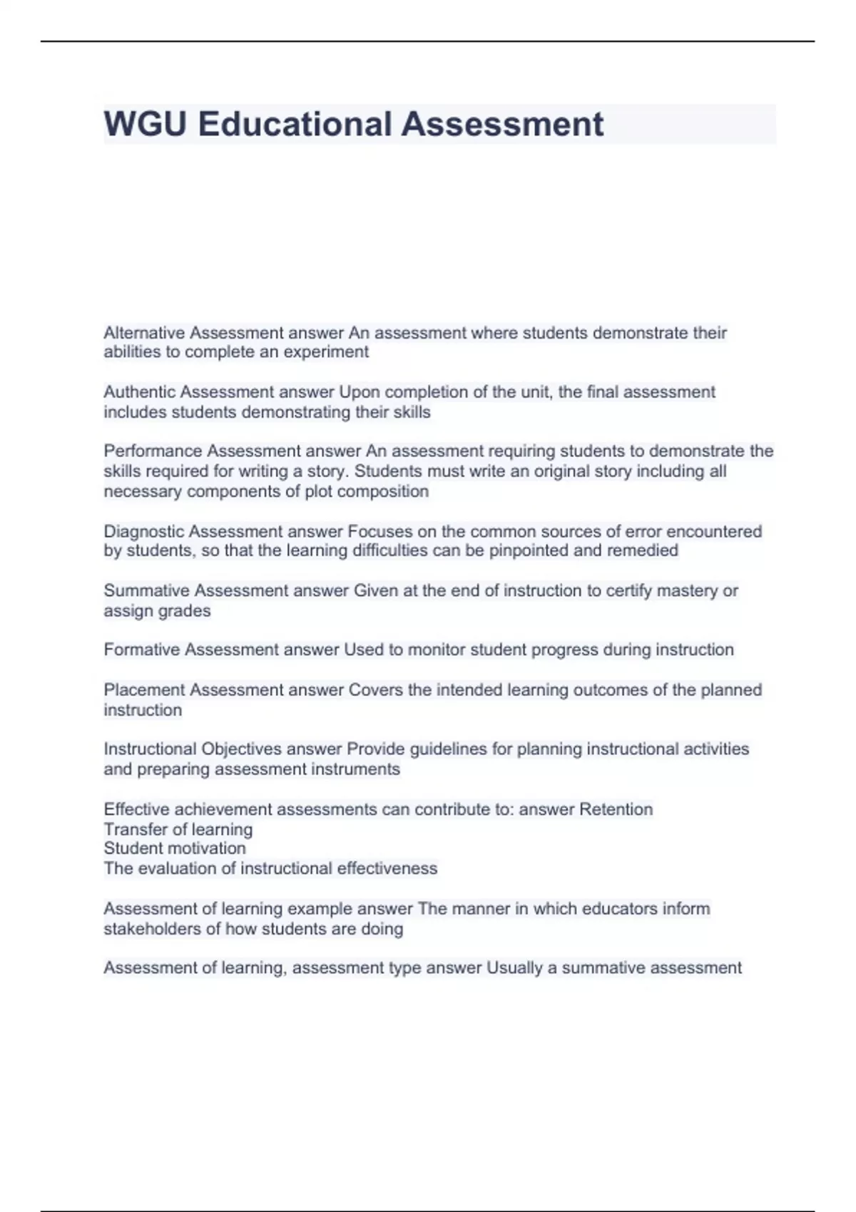 A BUNDLE SET OF WGU EXAM 2023 QUESTIONS AND ANSWERS WITH HIGH GRADES ...