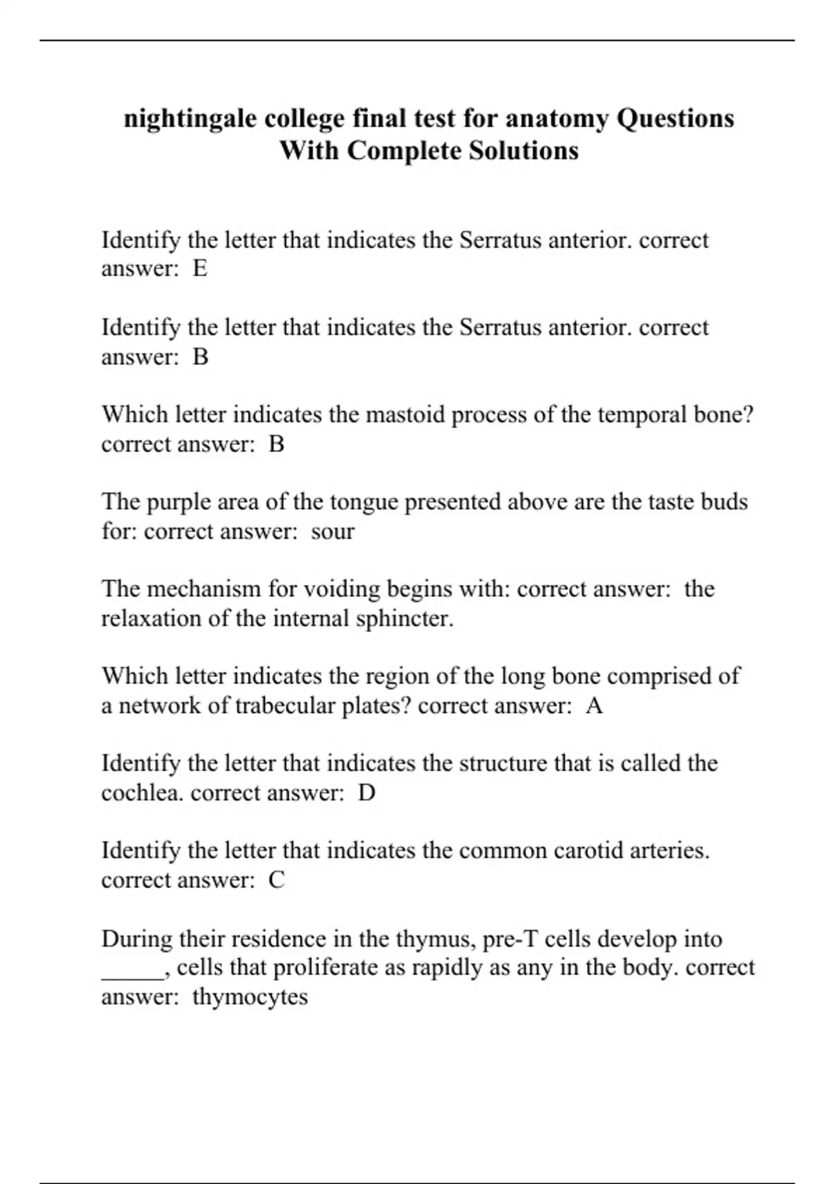 nightingale college final test for anatomy Questions With Complete ...