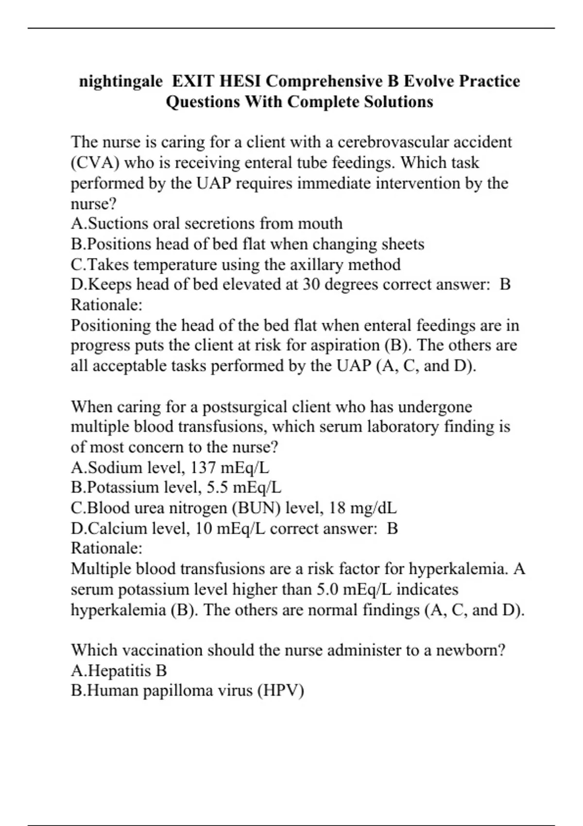 nightingale EXIT HESI Comprehensive B Evolve Practice Questions With ...