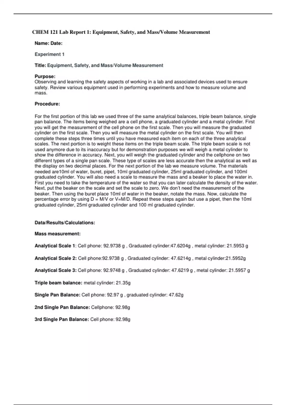 CHEM 121 Lab Report 1 - Equipment, Safety, and Mass/Volume Measurement ...