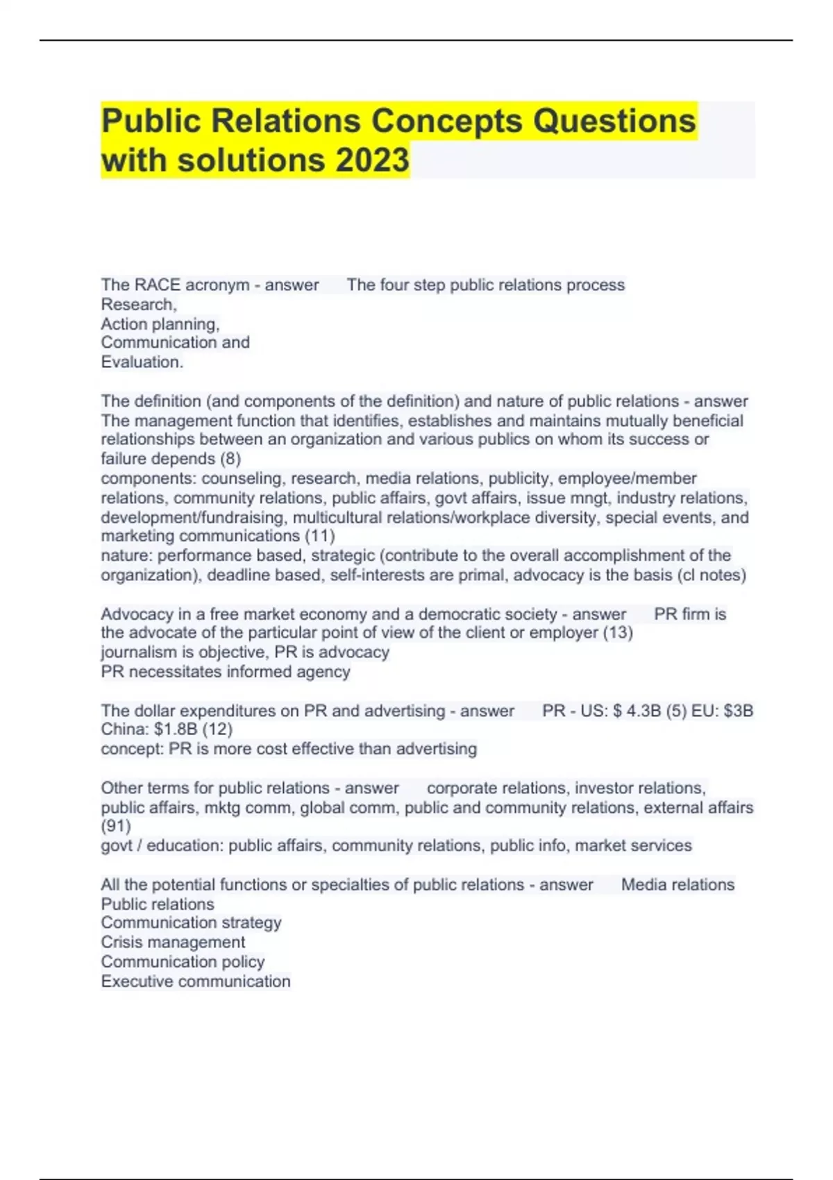 Public Relations Concepts Questions with solutions 2023 - BCMAP - Stuvia US