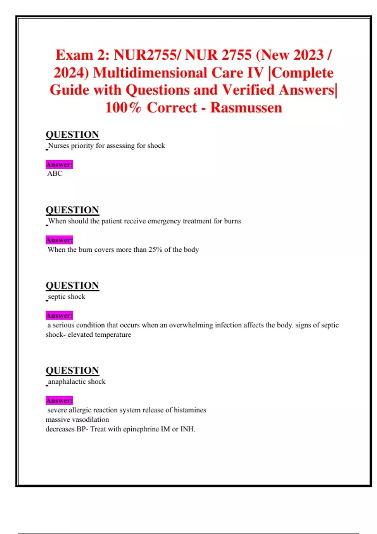 Exam 2: NUR2755/ NUR 2755 (New 2023 / 2024) Multidimensional Care IV ...
