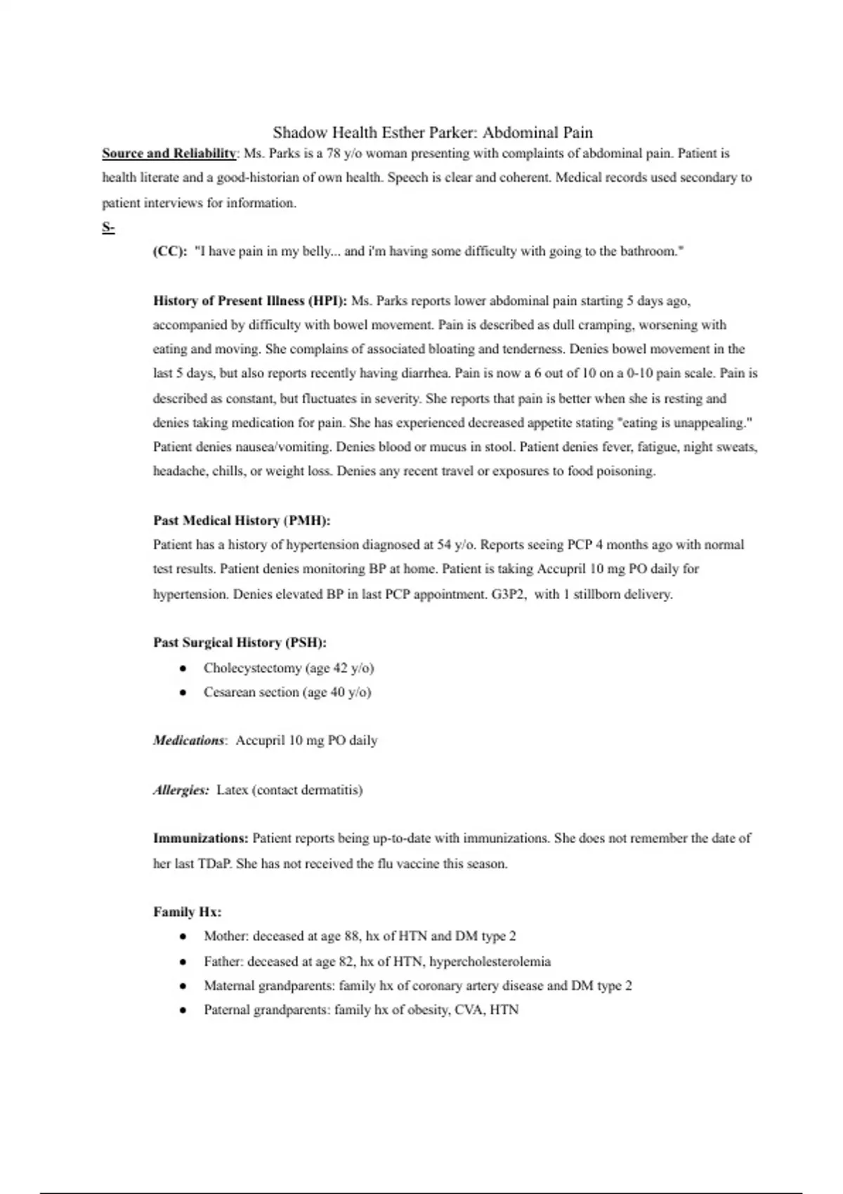 Shadow Health Esther Parker Abdominal Pain - Nurs 60015 - Stuvia US