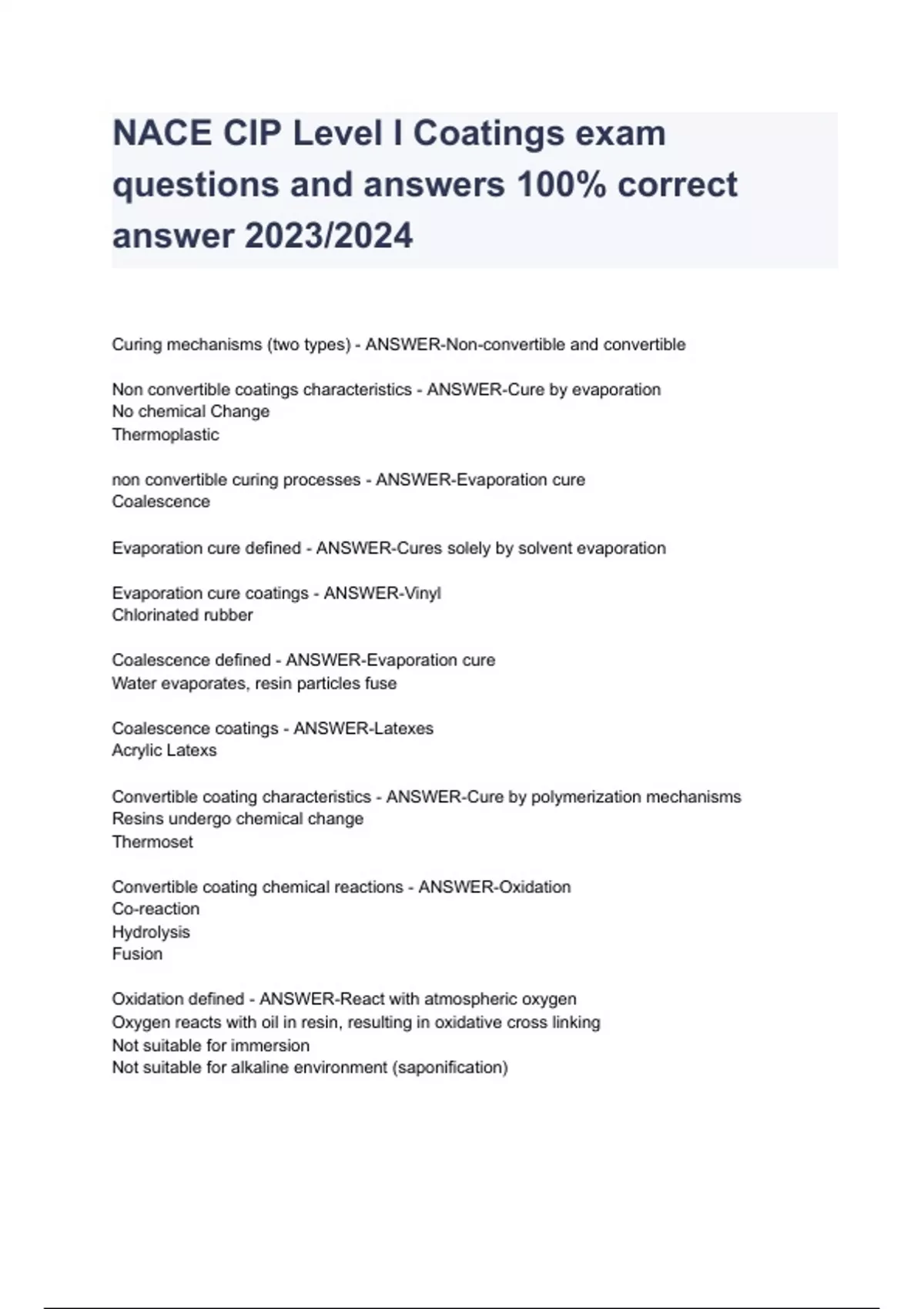 NACE CIP Level I Coatings exam questions and answers 100% correct answer 2023/2024 - NACE CIP ...