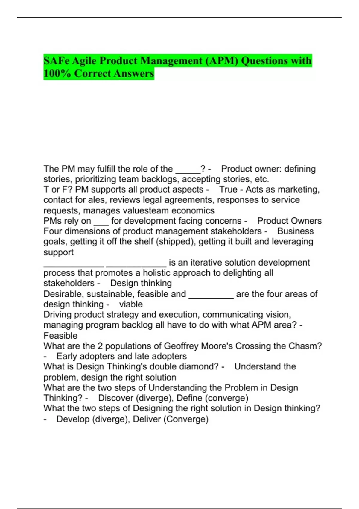 Safe Agile Product Management Apm Questions With 100 Correct Answers 2023 Safe Agile