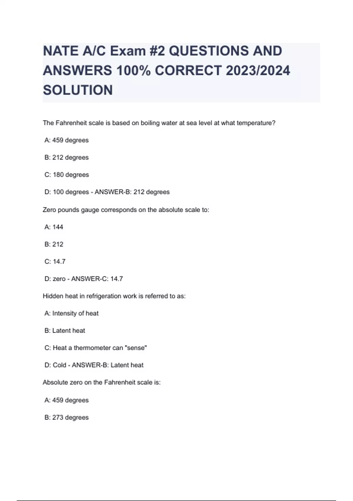 NATE A/C Exam #2 QUESTIONS AND ANSWERS 100% CORRECT 2023/2024 SOLUTION ...