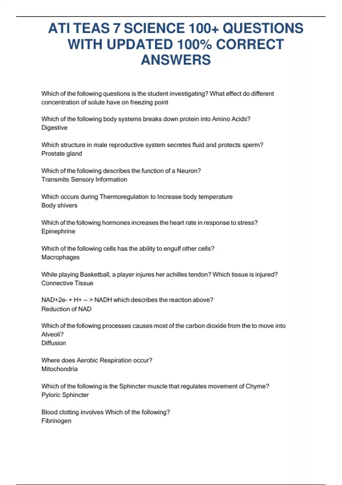 ATI TEAS 7 SCIENCE 100+ QUESTIONS WITH UPDATED 100% CORRECT ANSWERS ...