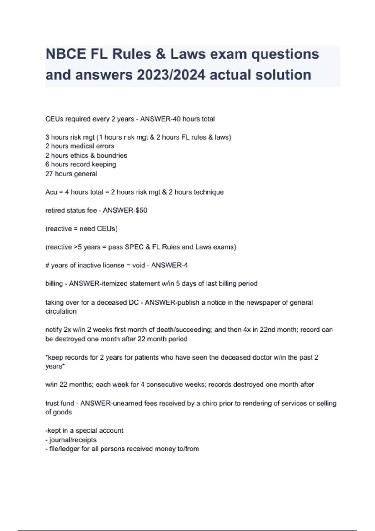 NBCE FL Rules & Laws exam questions and answers 2023/2024 actual solution - NBCE FL Rules & Laws ...