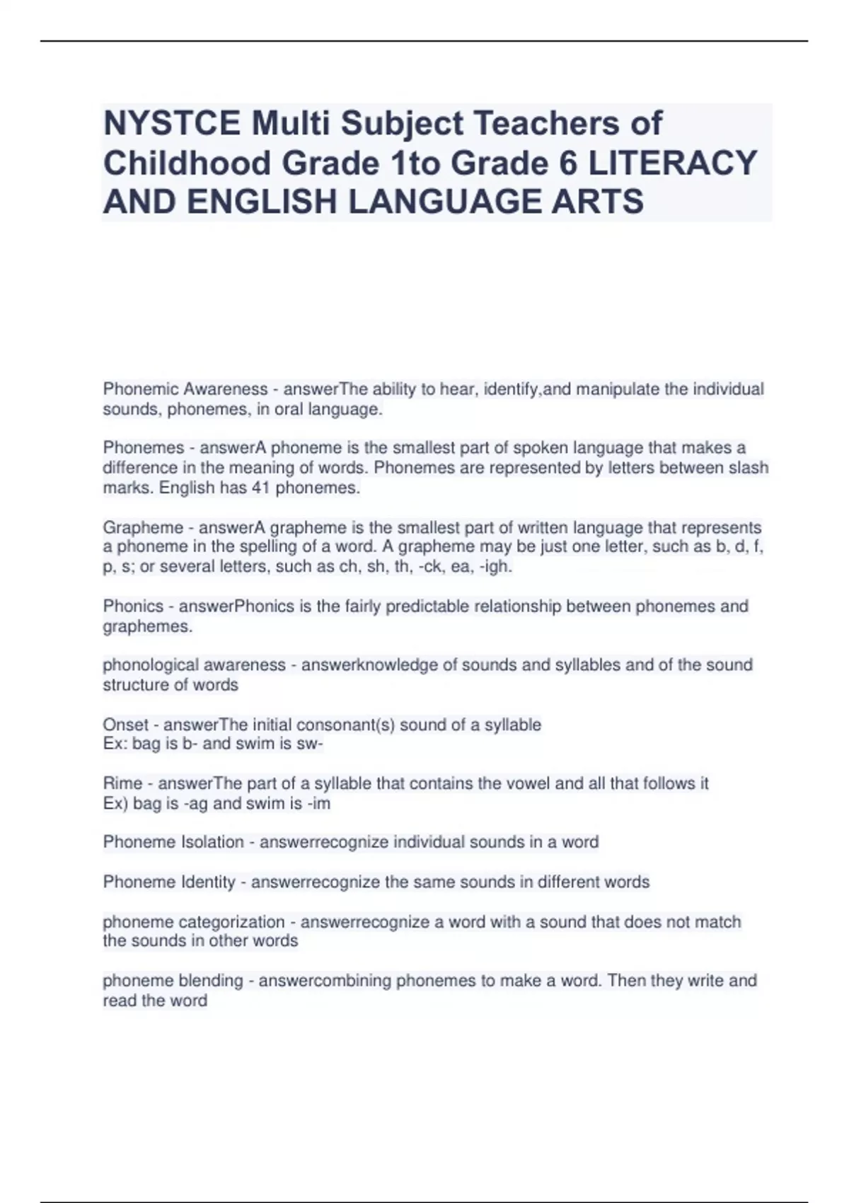 NYSTCE Multi Subject Teachers of Childhood Grade 1to Grade 6 LITERACY ...