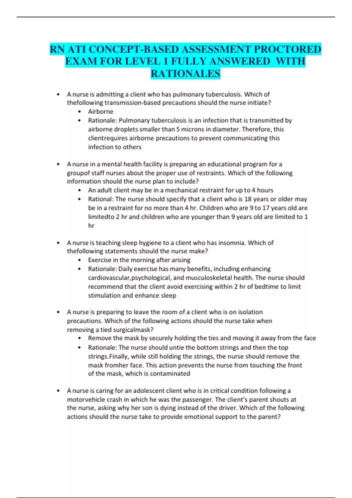 RN ATI CONCEPT-BASED ASSESSMENT PROCTORED EXAM FOR LEVEL 1 FULLY ...