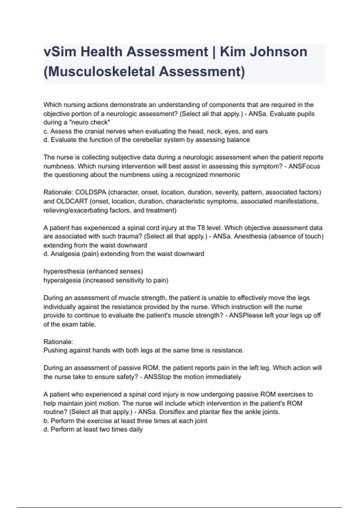 vSim Health Assessment | Kim Johnson (Musculoskeletal Assessment) 2023/ ...