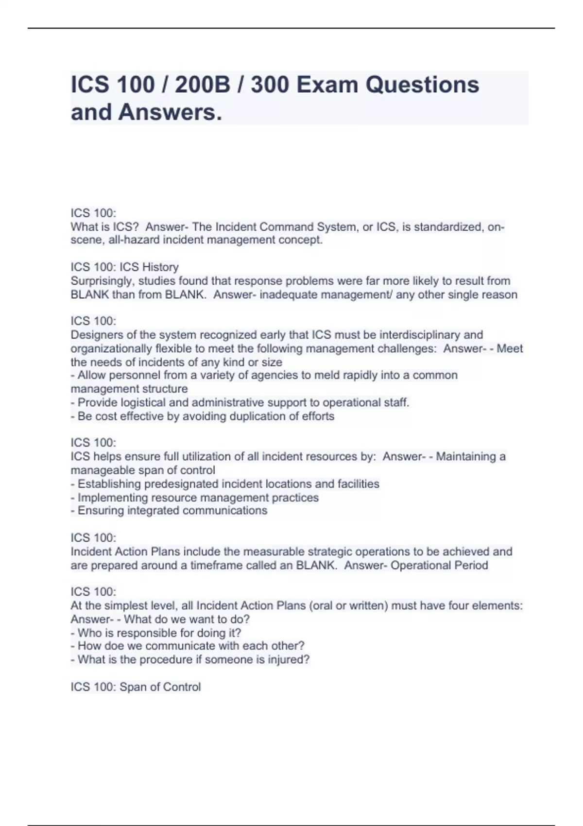 ICS 100 200B 300 Exam Questions And Answers ICS 300 Stuvia US