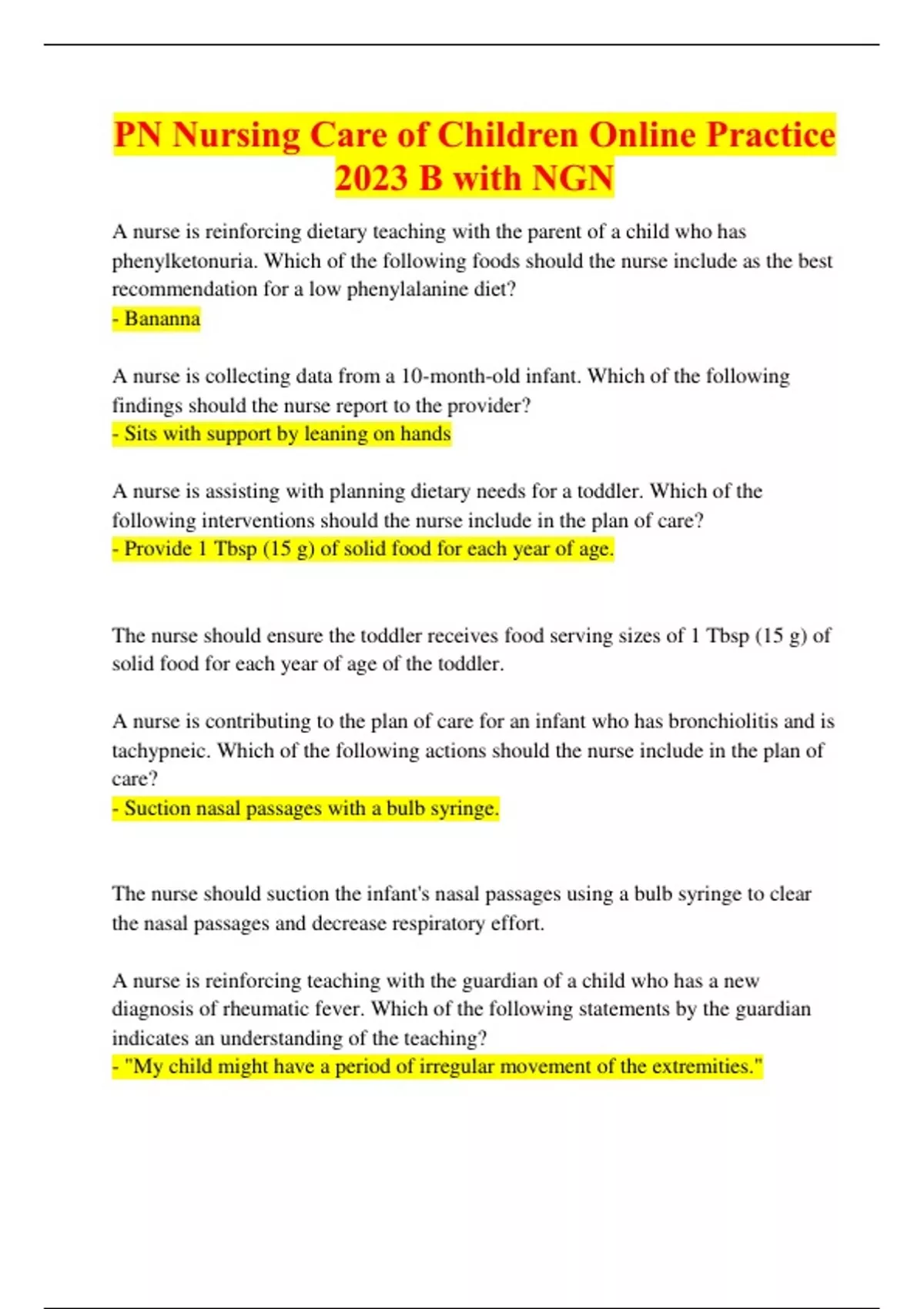 PN Nursing Care of Children Online Practice 2025 B with NGN, Answered - PN Nursing Care of ...