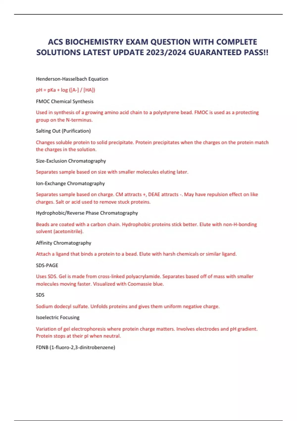 ACS BIOCHEMISTRY EXAM QUESTION WITH COMPLETE SOLUTIONS LATEST UPDATE ...
