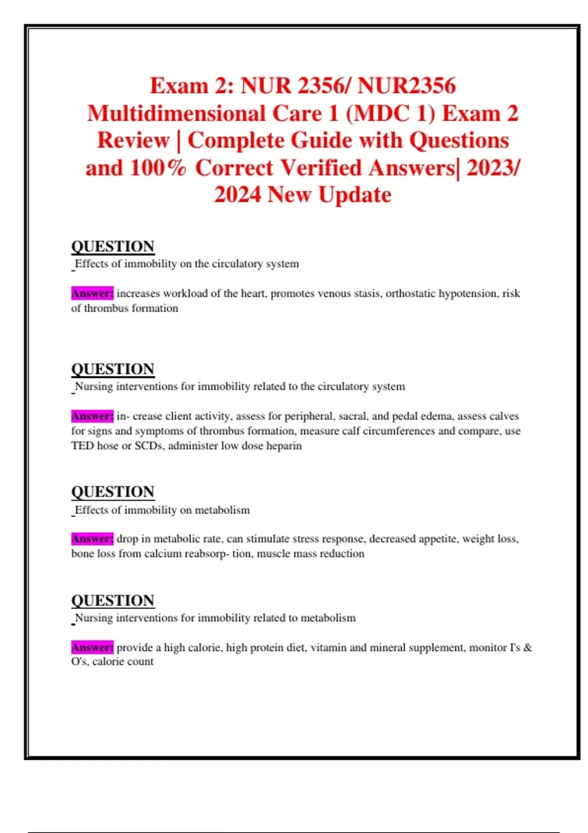 Exam 2 Nur 2356 Nur2356 Multidimensional Care 1 Mdc 1 Exam 2 Review