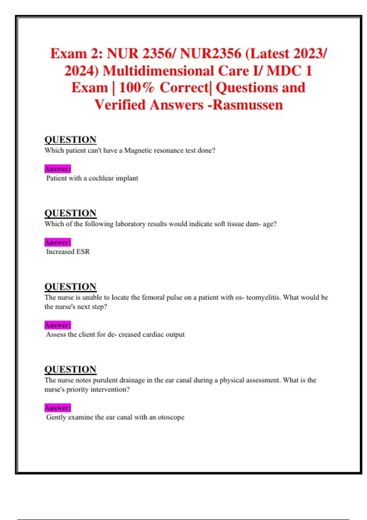 Exam 2 Nur 2356 Nur2356 Latest 2023 2024 Multidimensional Care I